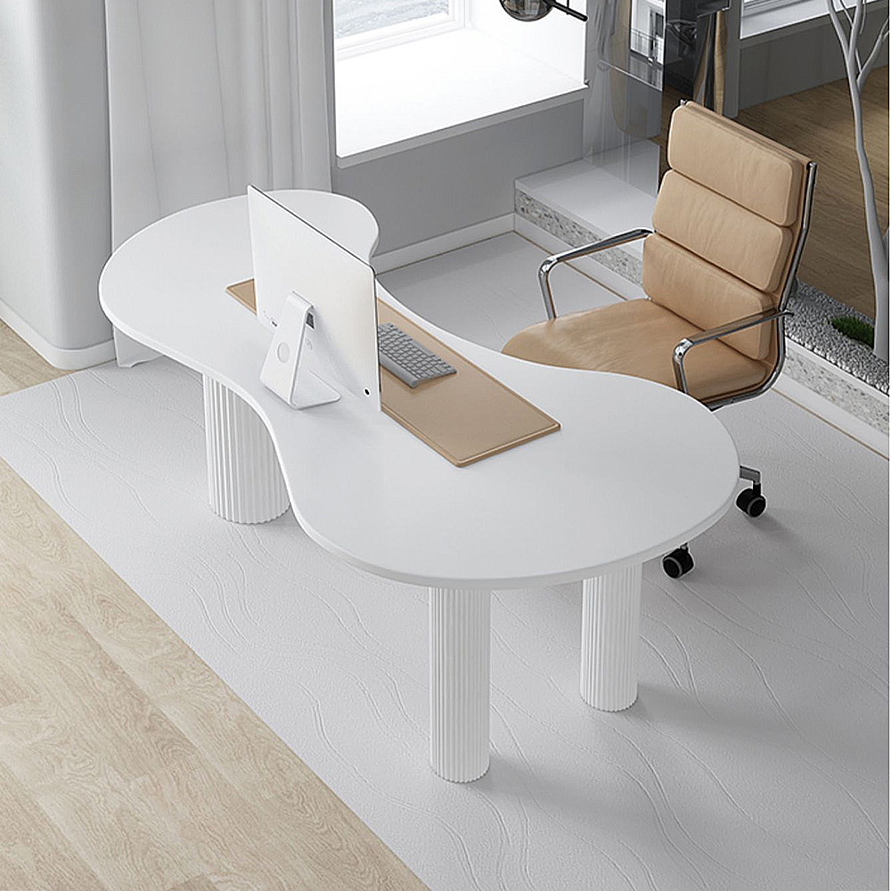 55.1" Japandi White Curved Desk Home Office Pedestal Desk with 3 Legs ...