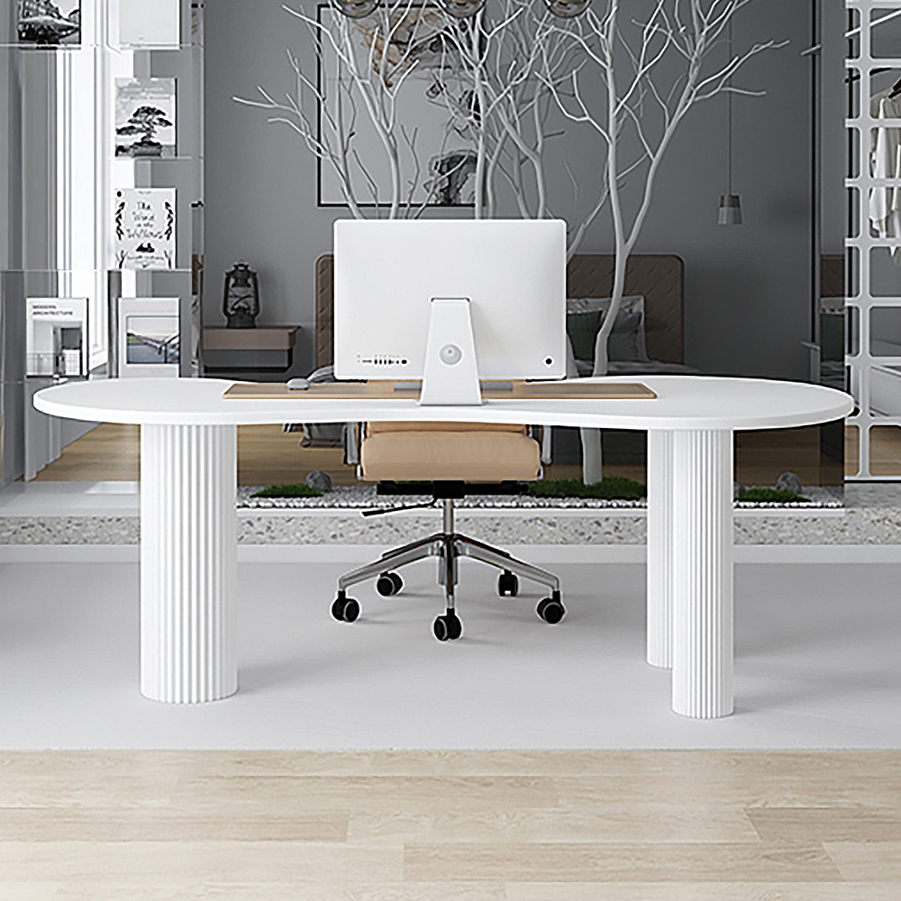 55.1" Japandi White Curved Desk Home Office Pedestal Desk with 3 Legs ...