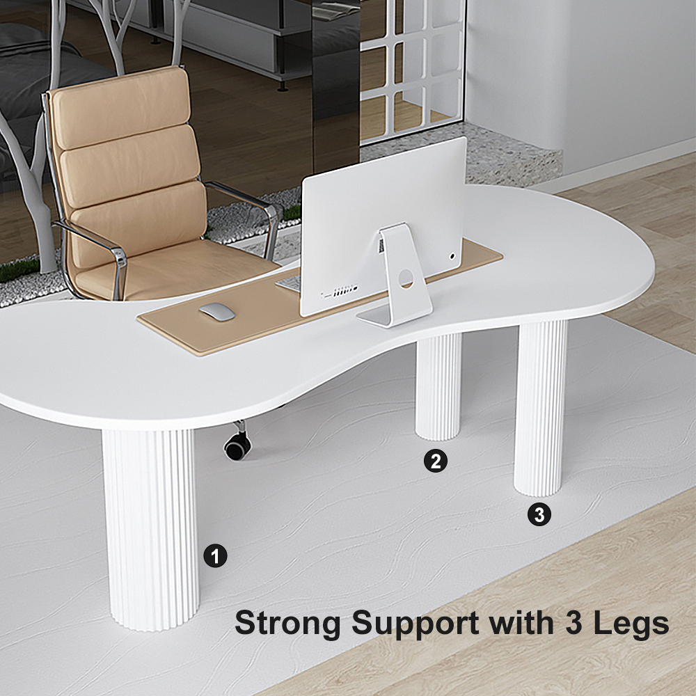 55.1" Japandi White Curved Desk Home Office Pedestal Desk with 3 Legs ...