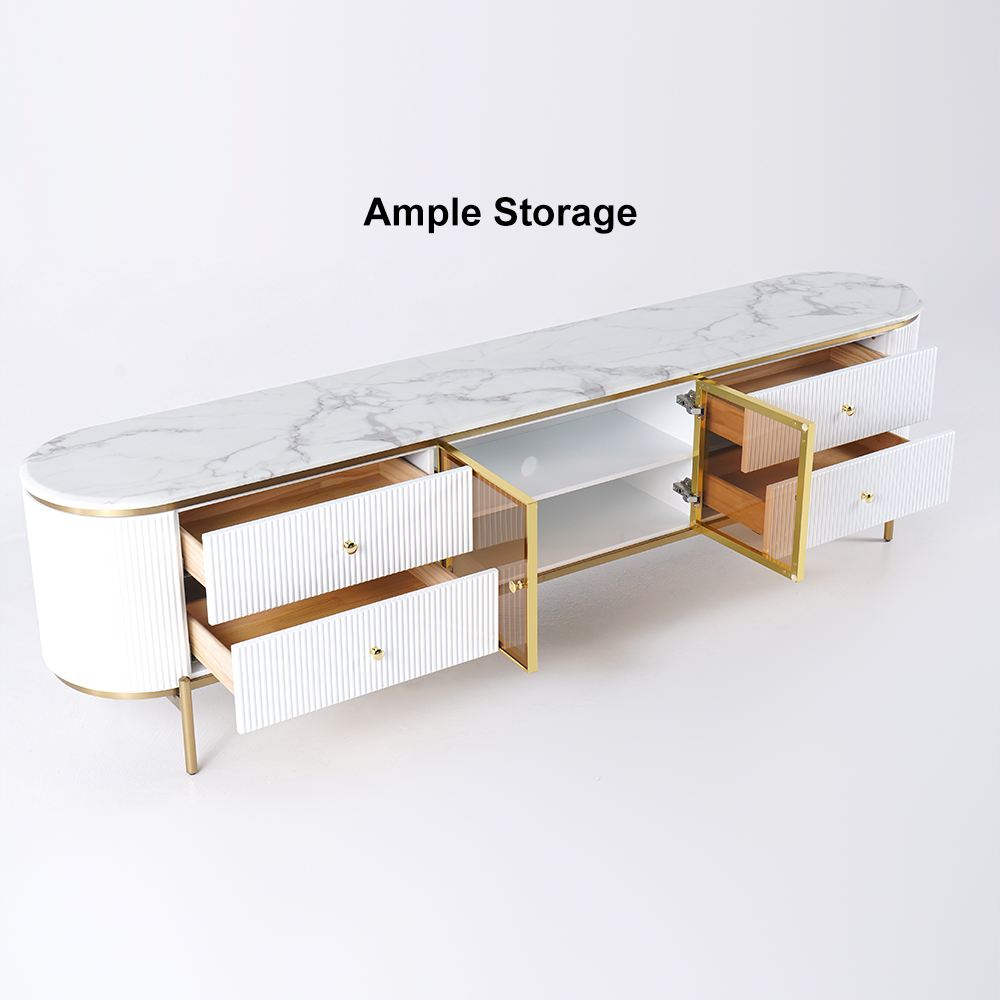 Yelly Modern White TV Stand with Faux Marble Top & Tempered Glass Doors ...