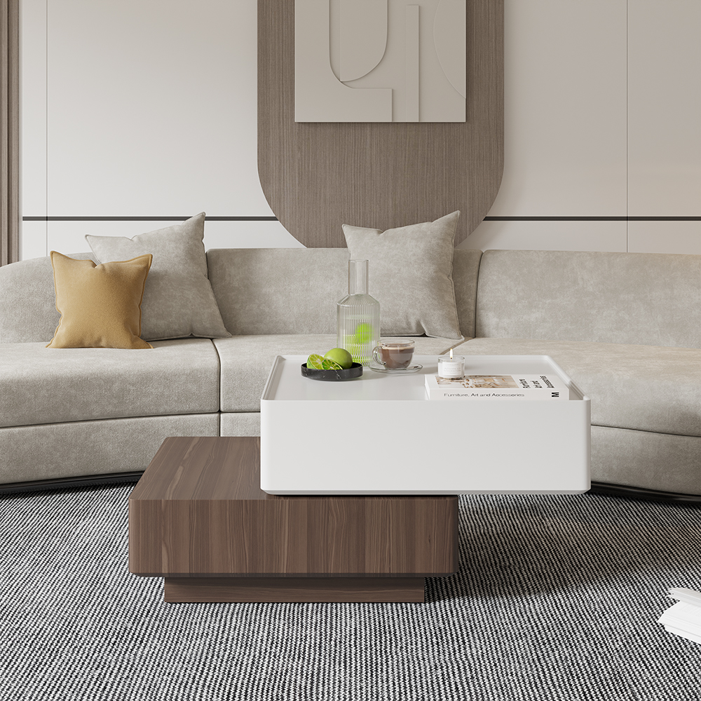 Modern Square Swivel Rotating Coffee Table with 2 Drawers in White ...