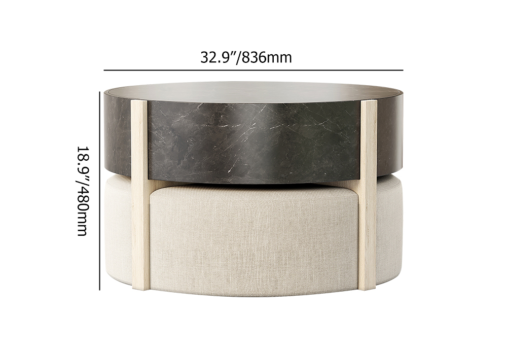 Round Nesting Coffee Table with 4 Stool & 2 Drawers in Distressed Gray ...