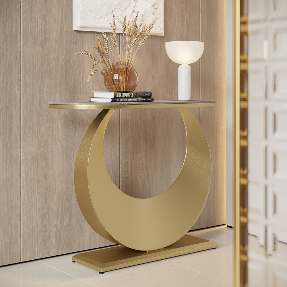 39.4" Narrow Console Table Gray Sintered Stone Entryway Table with Half ...