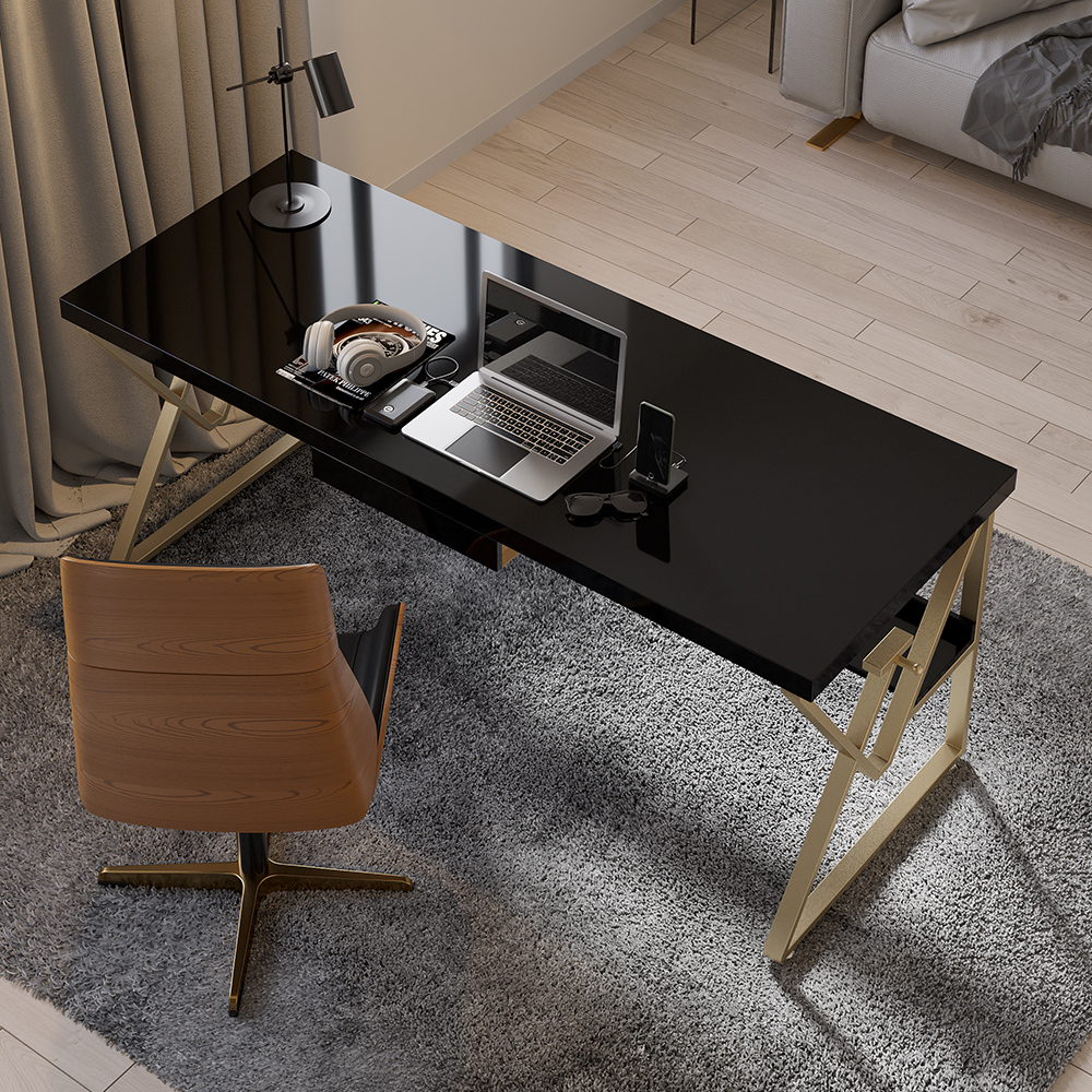 Modern Black Writing Desk with Drawer & Shelf Wood Top & Metal Frame ...