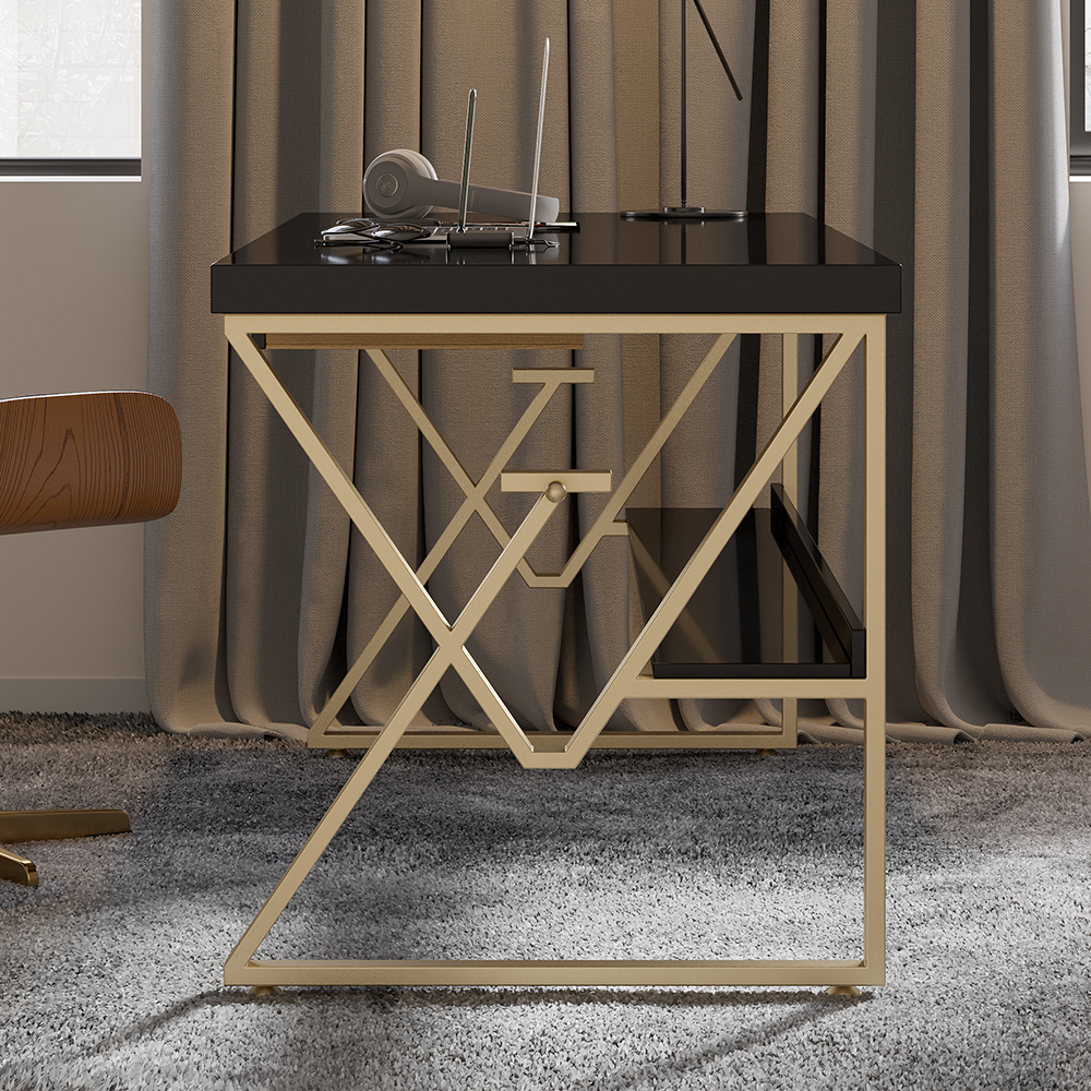 Modern Black Writing Desk with Drawer & Shelf Wood Top & Metal Frame ...
