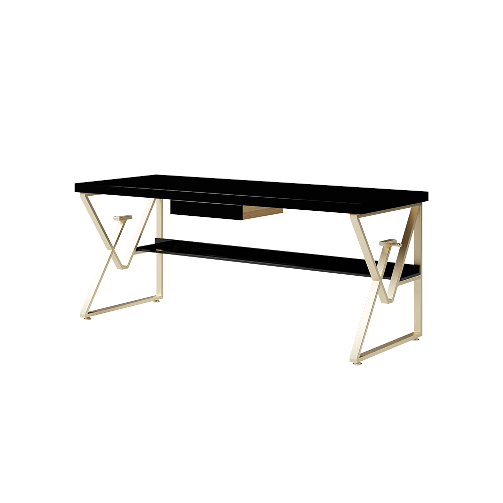 Modern Black Writing Desk with Drawer & Shelf Wood Top & Metal Frame ...