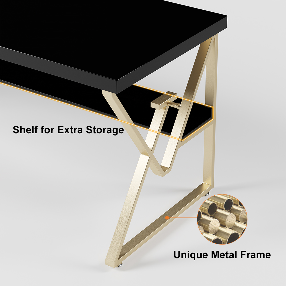 Modern Black Writing Desk with Drawer & Shelf Wood Top & Metal Frame ...
