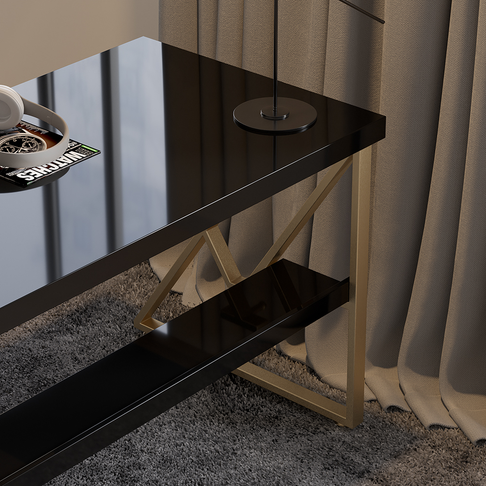 Modern Black Writing Desk with Drawer & Shelf Wood Top & Metal Frame ...