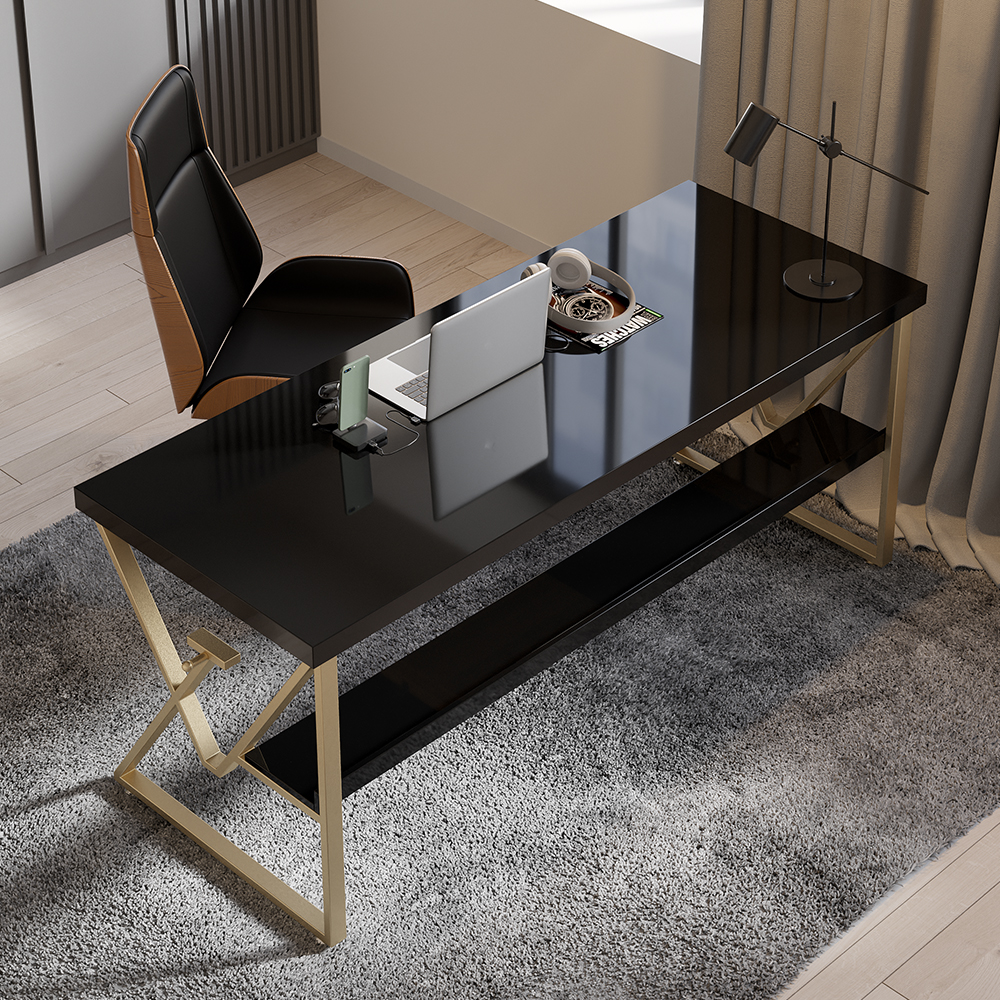 Modern Black Writing Desk with Drawer & Shelf Wood Top & Metal Frame ...