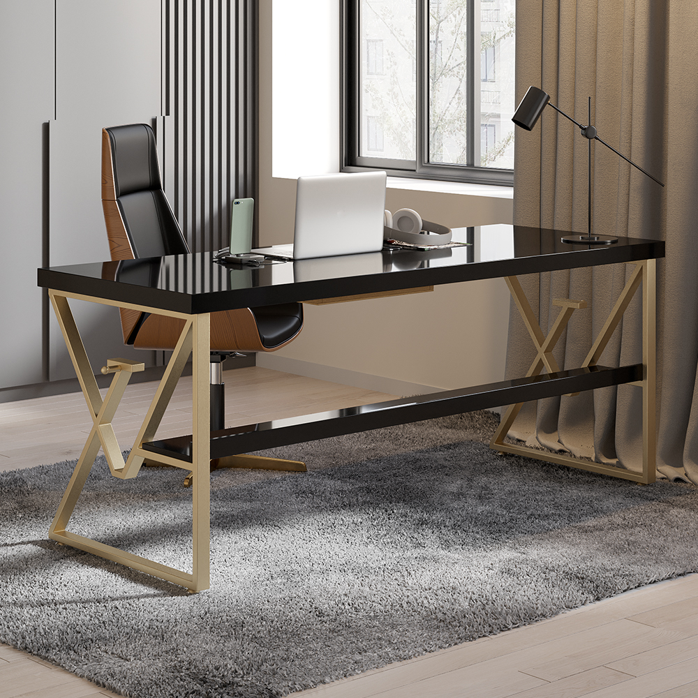 Modern Black Writing Desk with Drawer & Shelf Wood Top & Metal Frame ...