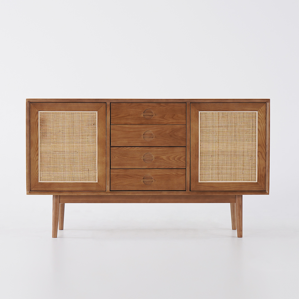 1400mm Cottage Walnut Sideboard Buffet Rattan with 2 Doors 4 Drawers ...