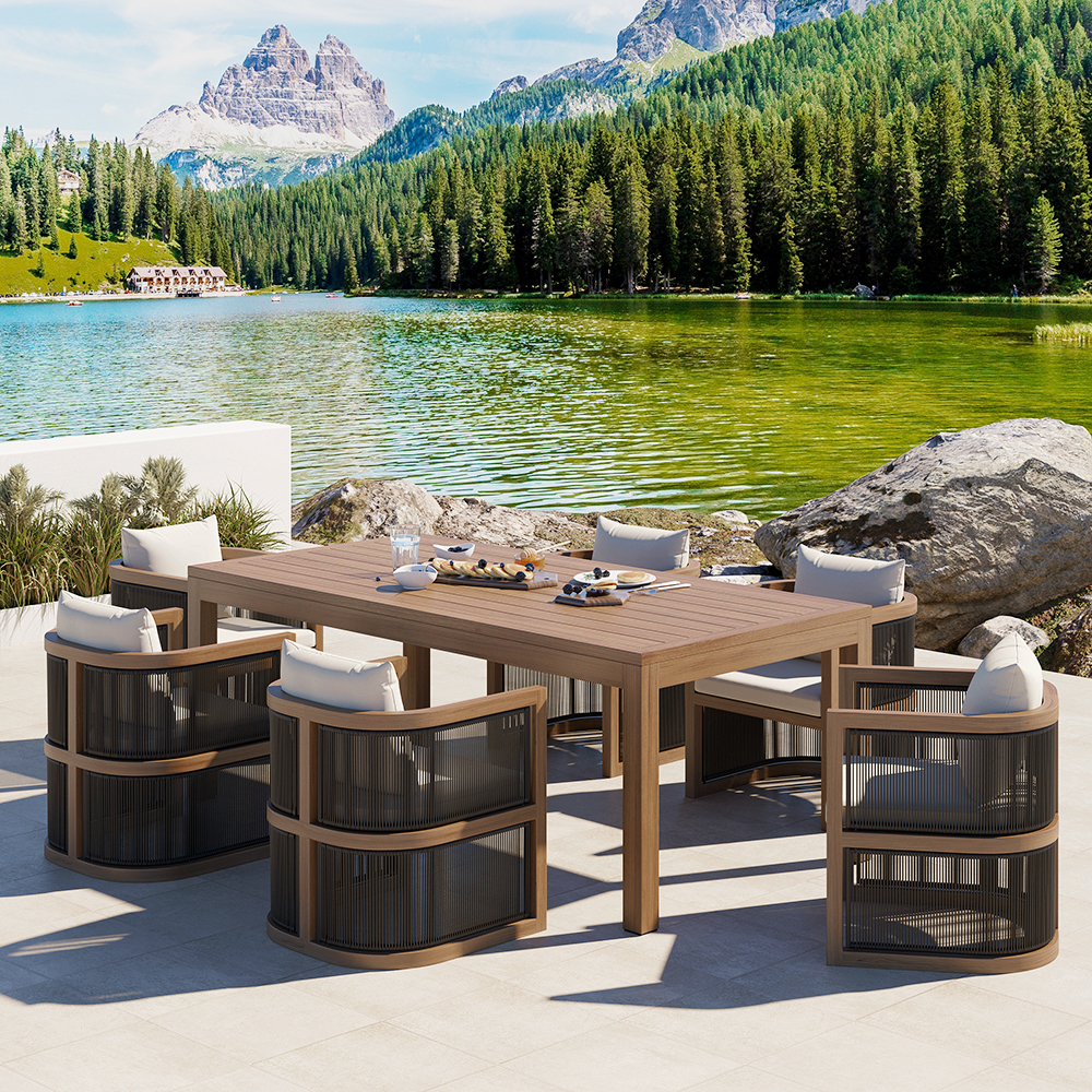 7 Pieces Outdoor Dining Set For 6 with Rectangle Table & Rope Woven ...