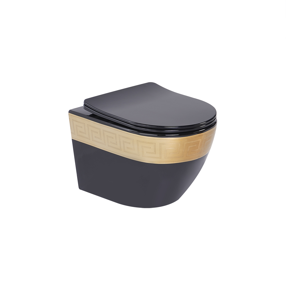 Luxury Round Wall-Mount Toilet Rimless Flushing Ceramic in Black & Gold ...