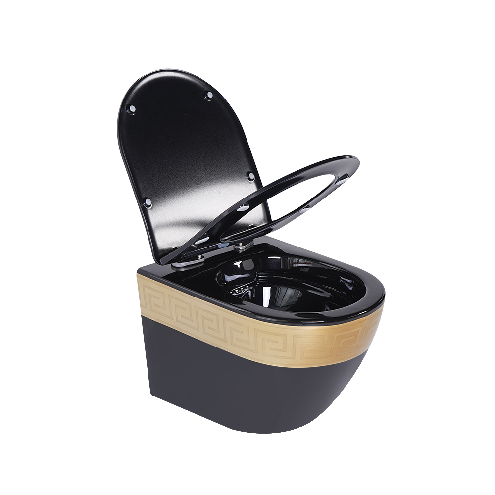 Luxury Round Wall-Mount Toilet Rimless Flushing Ceramic in Black & Gold ...