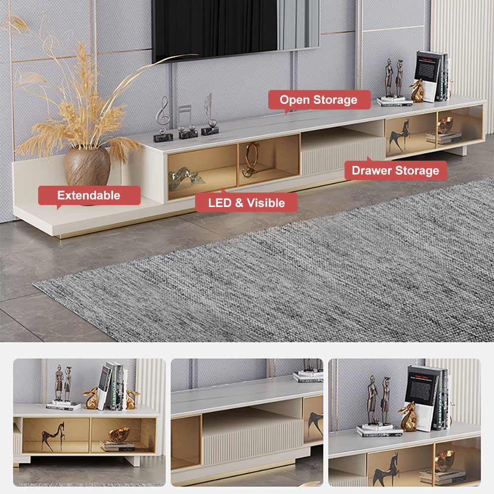 Light Khaki Modern Extendable TV Stand with LED Light Management Hole ...
