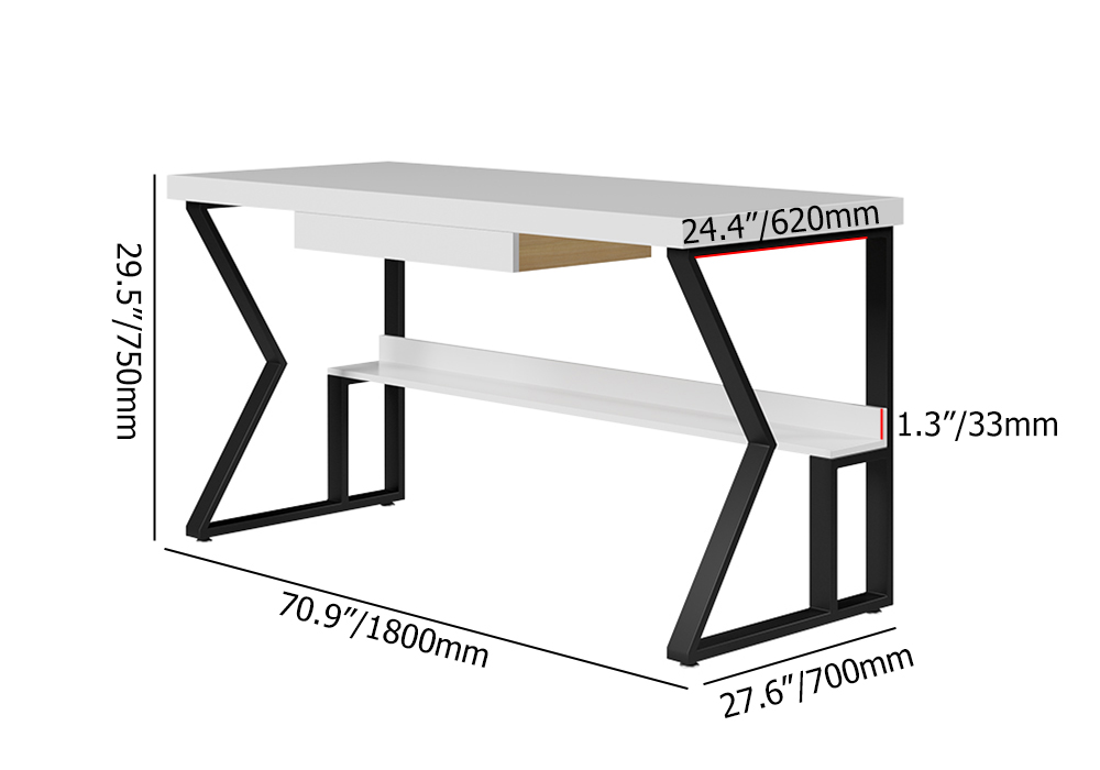 71 White Wooden Writing Desk Computer Desk With Shelf And Drawer Black Legs Office Furniture