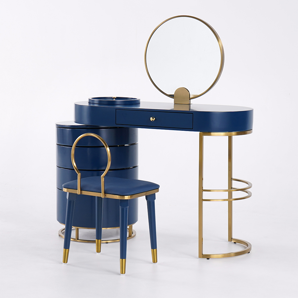 Blue Makeup Vanity Set with Side Cabinet Extendable Dressing Table ...