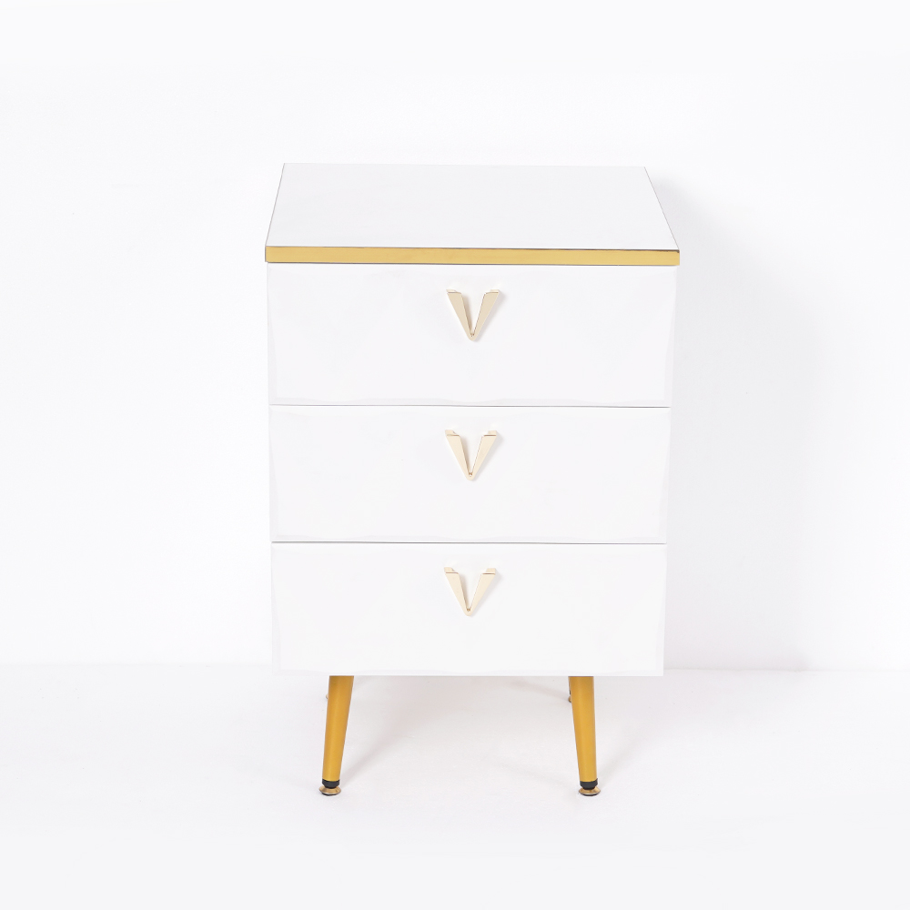 Nordic White Nightstand 3-Drawer V-Shaped Gold Pulls in Large - Bedroom ...