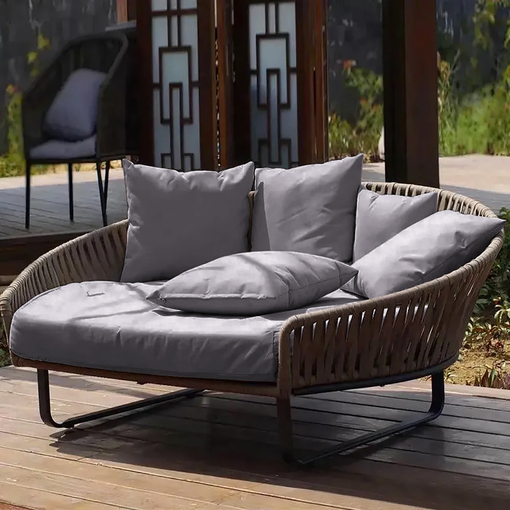 63" Rattan Outdoor Daybed with Khaki Cushion Pillow Aluminum Frame ...