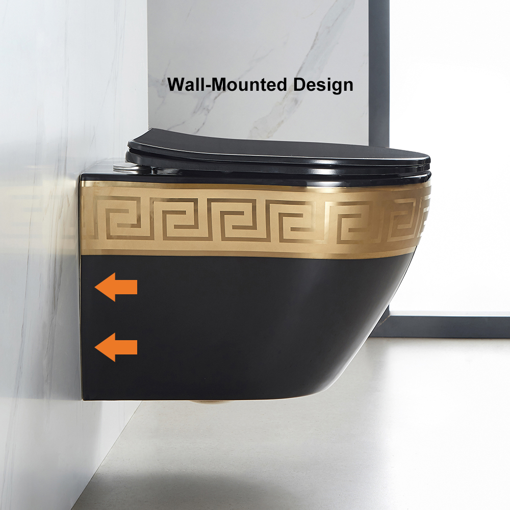 Luxury Round Wall-Mount Toilet Rimless Flushing Ceramic in Black & Gold ...