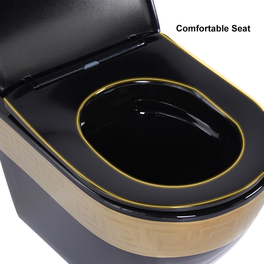 Luxury Round Wall-Mount Toilet Rimless Flushing Ceramic in Black & Gold ...