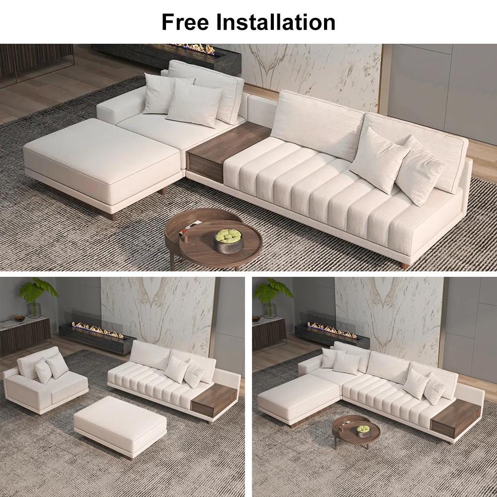 126" L-Shaped Off-White Modular Sectional Sofa Chaise with Ottoman for ...