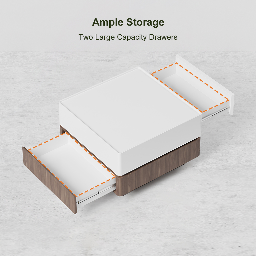 Modern Square Swivel Rotating Coffee Table with 2 Drawers in White ...