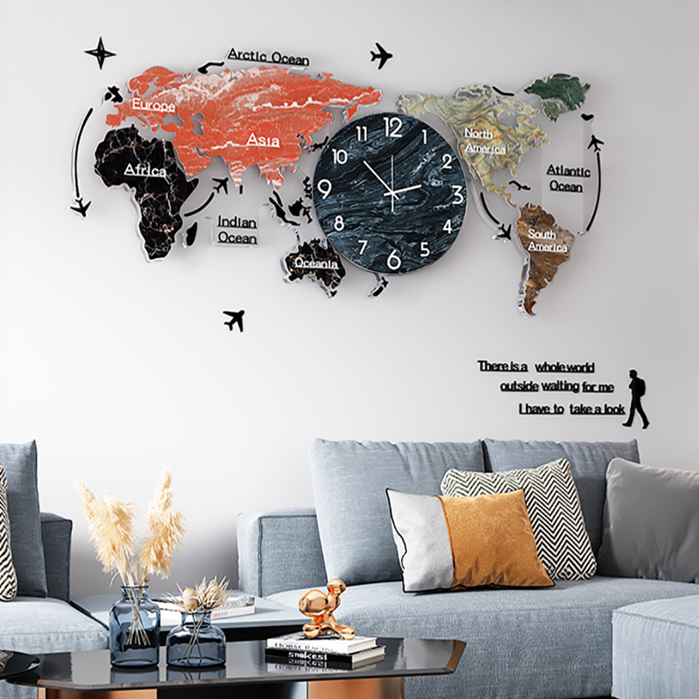 Modern Large World Map Wall Clock Home Decor Art - Clocks - Homary US