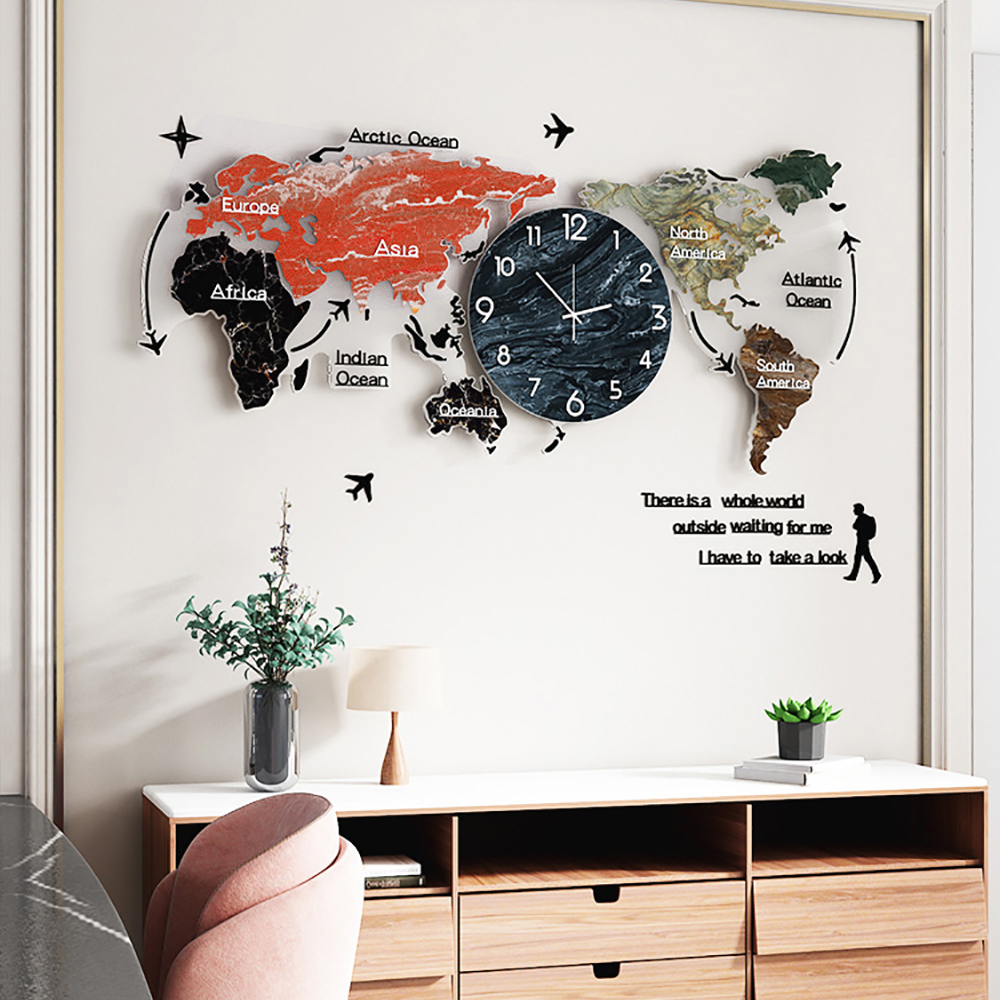 Modern Large World Map Wall Clock Home Decor Art - Clocks - Homary US