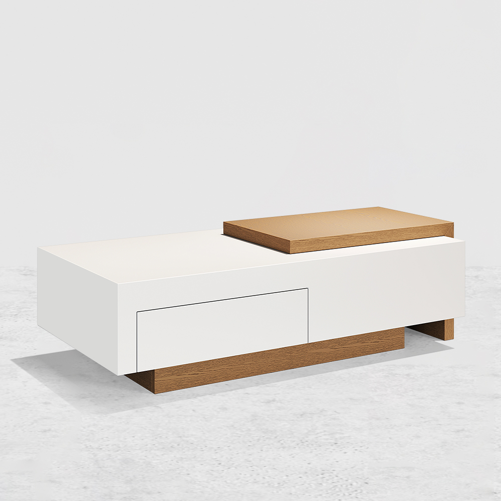 White & Natural Extendable Rectangle Coffee Table with Drawer & Sliding ...