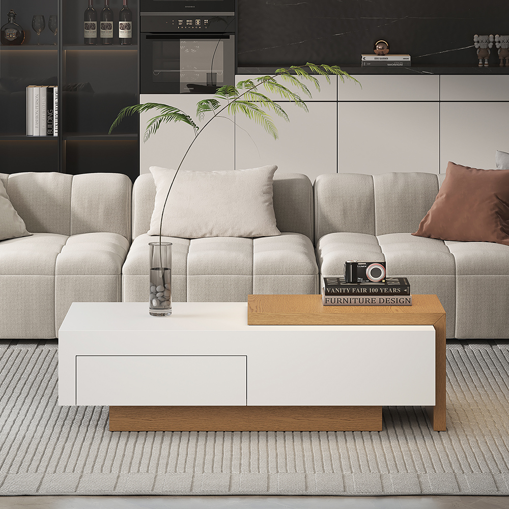 White & Natural Extendable Rectangle Coffee Table with Drawer & Sliding ...