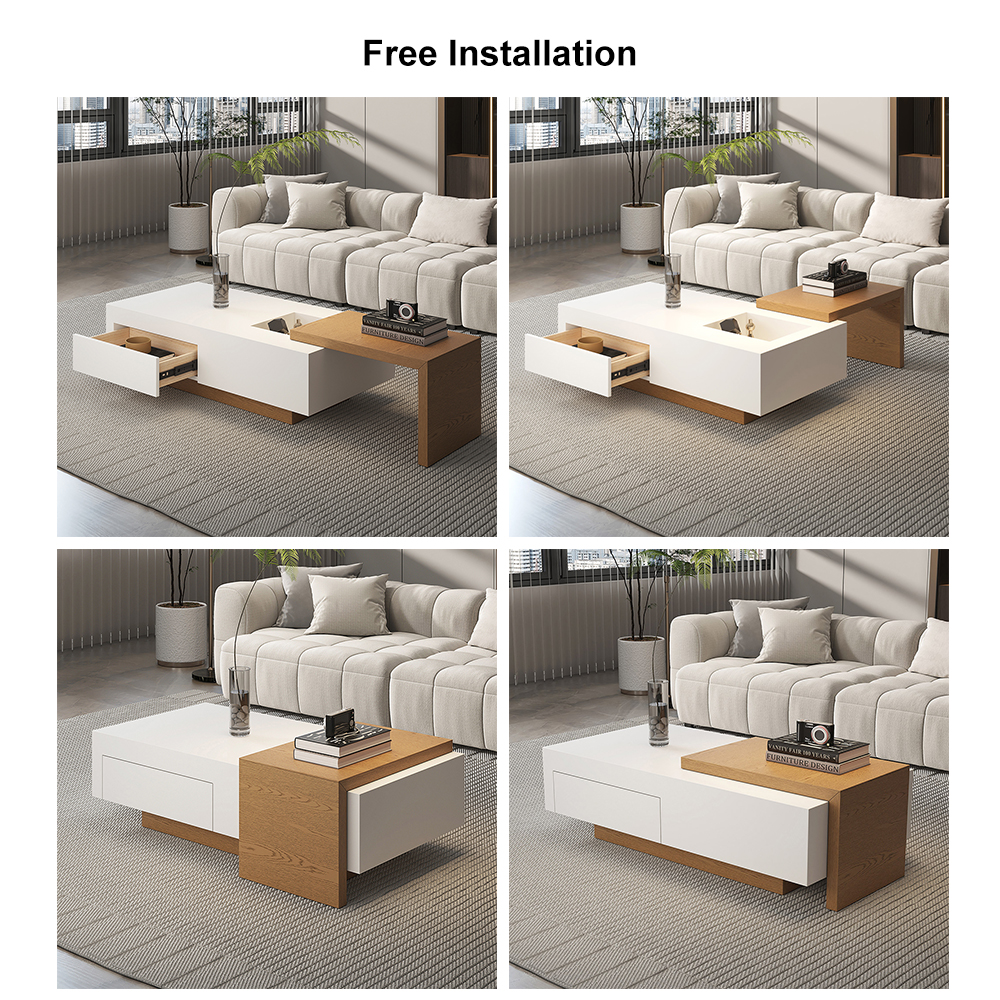 White & Natural Extendable Rectangle Coffee Table with Drawer & Sliding ...