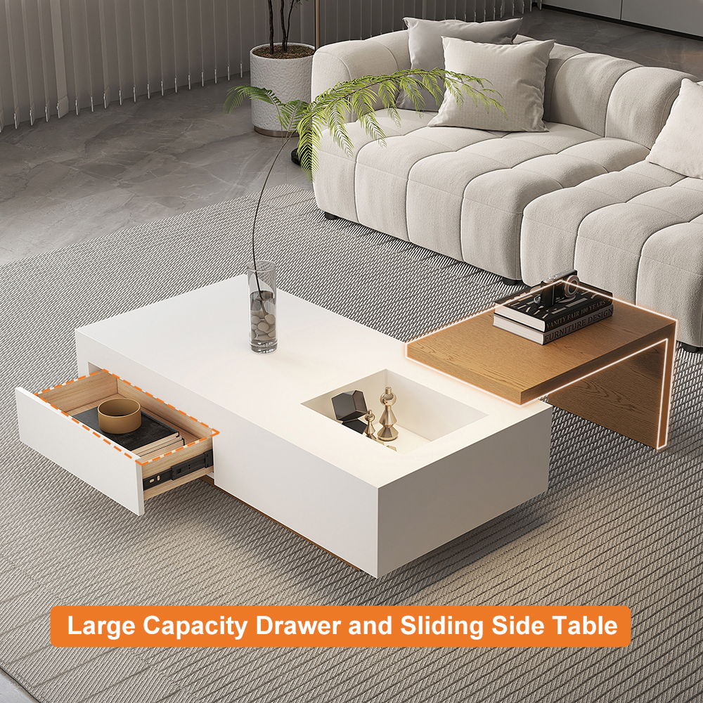 White & Natural Extendable Rectangle Coffee Table with Drawer & Sliding ...