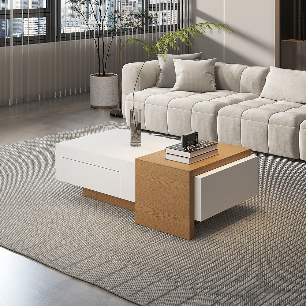 White & Natural Extendable Rectangle Coffee Table with Drawer & Sliding ...
