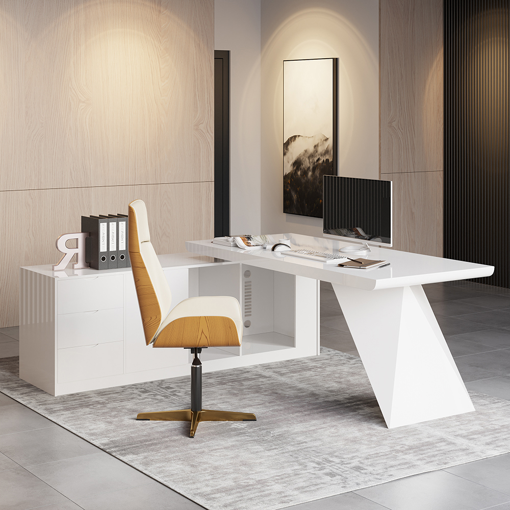 1800mm Modern White Writing Desk with Drawers & Cabinet L-Shap Computer ...