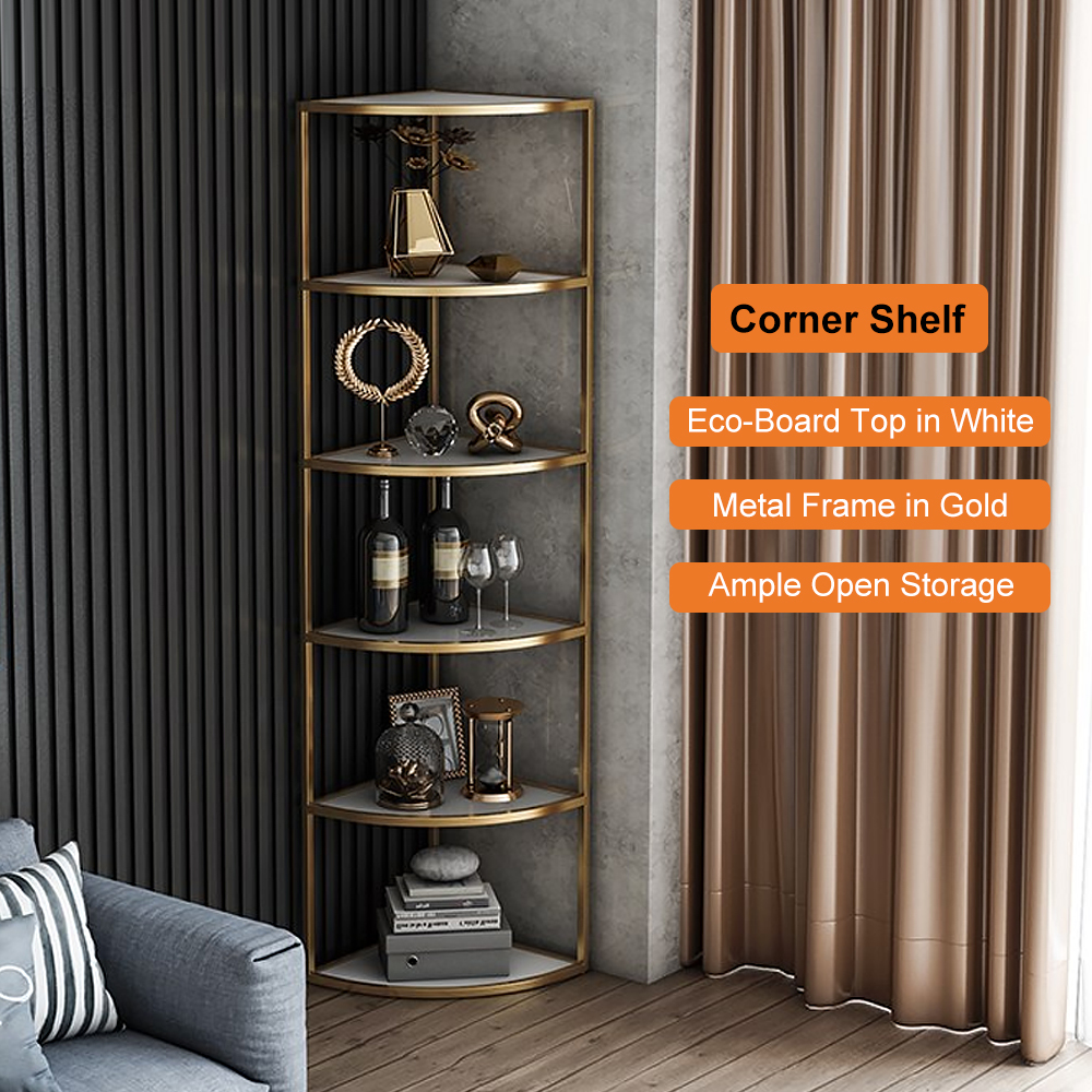 6-Tier Modern Fan-Shaped Shelves Standing Corner Shelf in White&Gold ...
