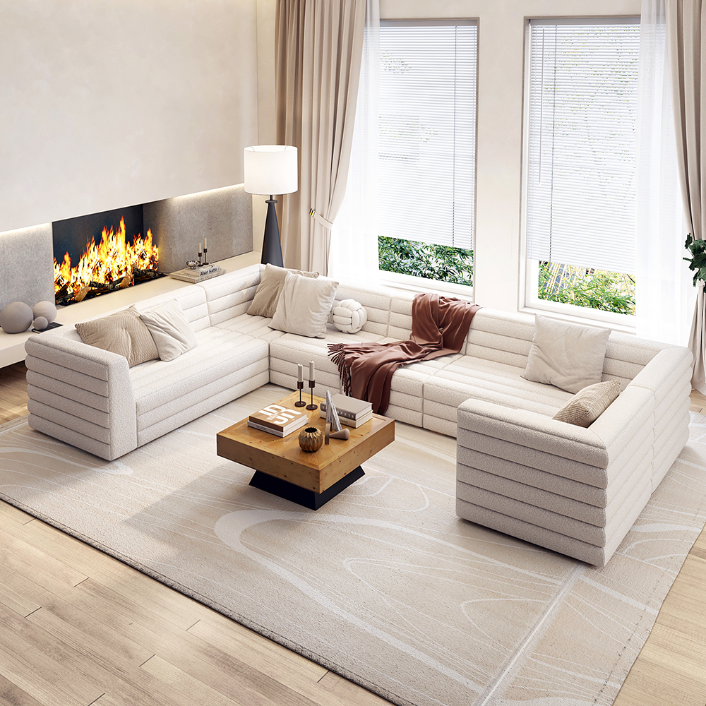 3200mm U-Shaped Modern White Boucle Modular Sectional Sofa for 8 ...