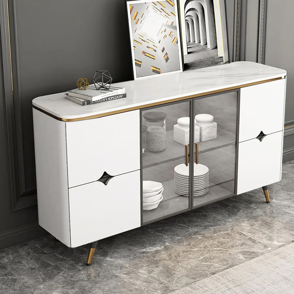 1500mm Modern White Sideboard Sintered Stone Top Buffet Tempered Glass ...