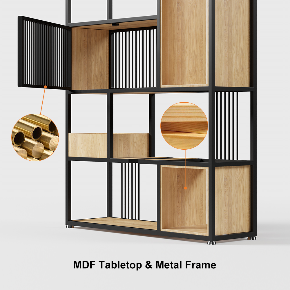 2000mm Modern Black Steel Geometric Bookcase 6 Tier Bookshelf Wooden Tall Book Shelf Office