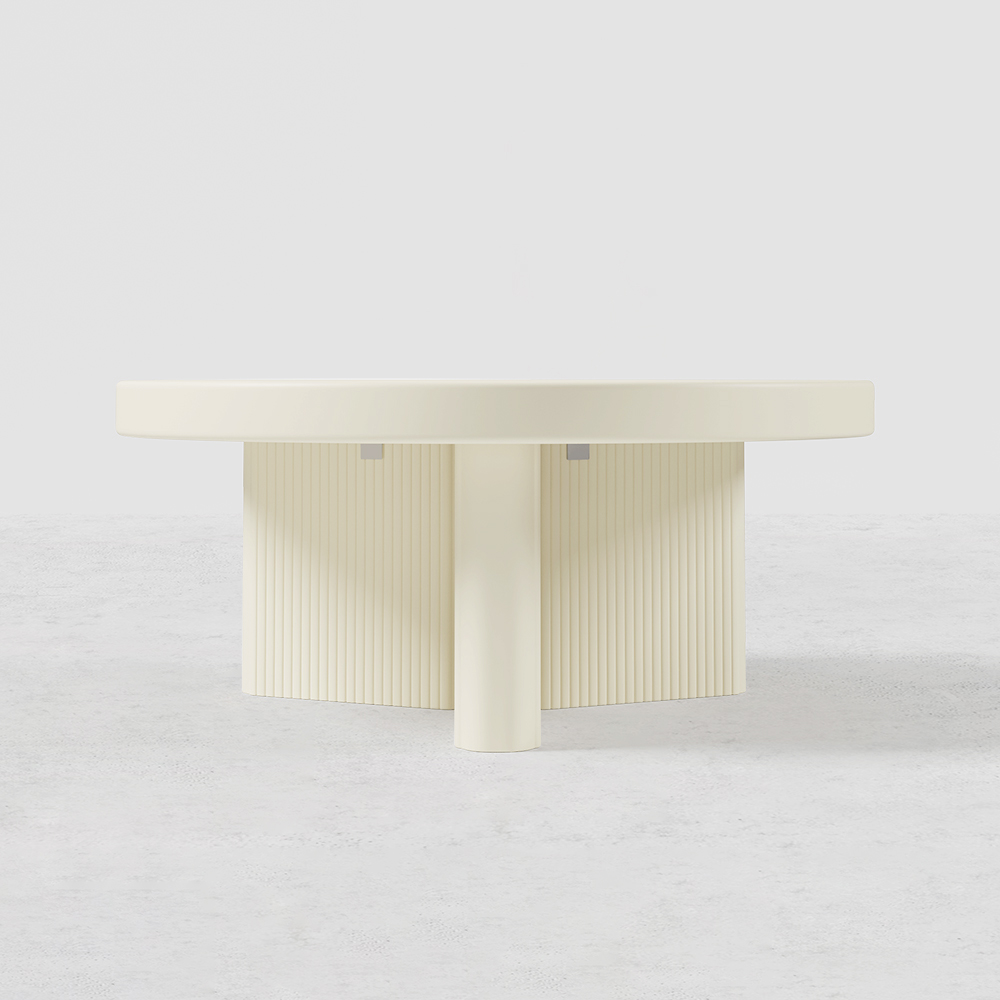Japandi White Fluted Coffee Table With Round Wood Tabletop - Living ...