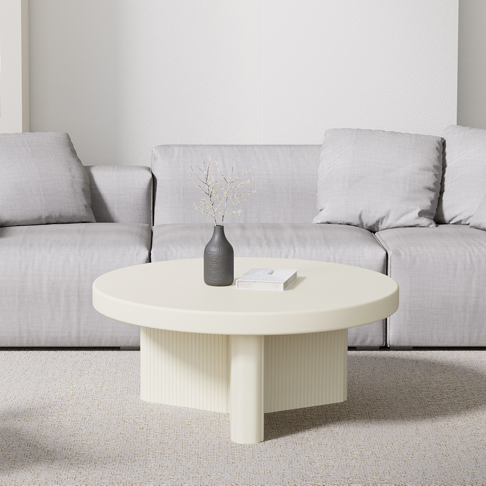 Japandi White Fluted Coffee Table With Round Wood Tabletop - Living ...