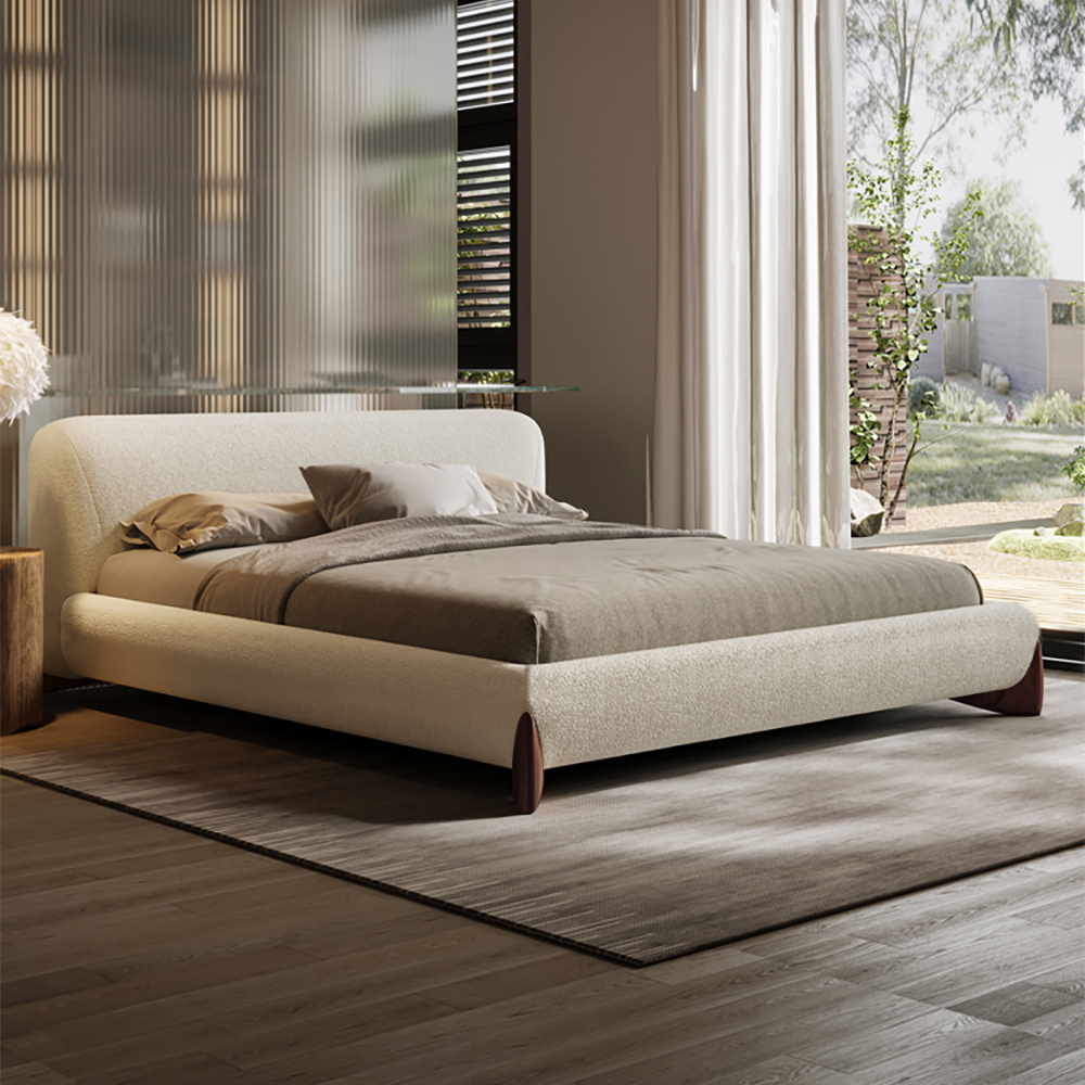 Modern White Boucle Platform Bed King Size Bed Frame With Upholstered Modern White Boucle Platform Bed King Size Bed Frame With Upholstered