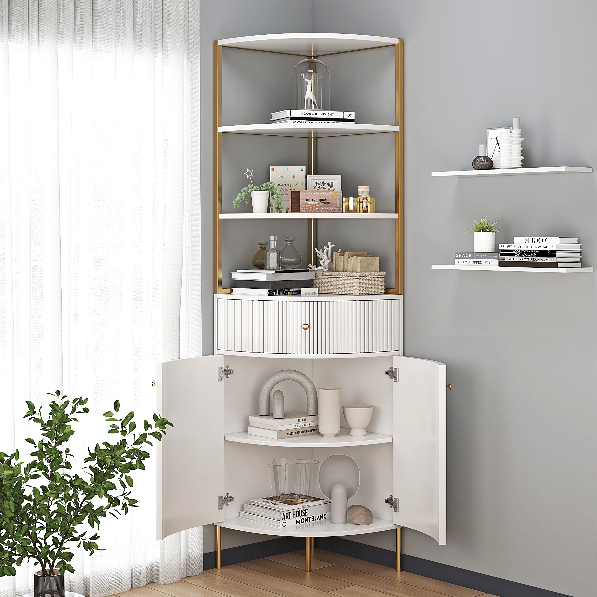 1900mm Modern White Etagere Corner Bookshelf 1 Drawer And 2 Doors Wooden Tall Bookcase Office
