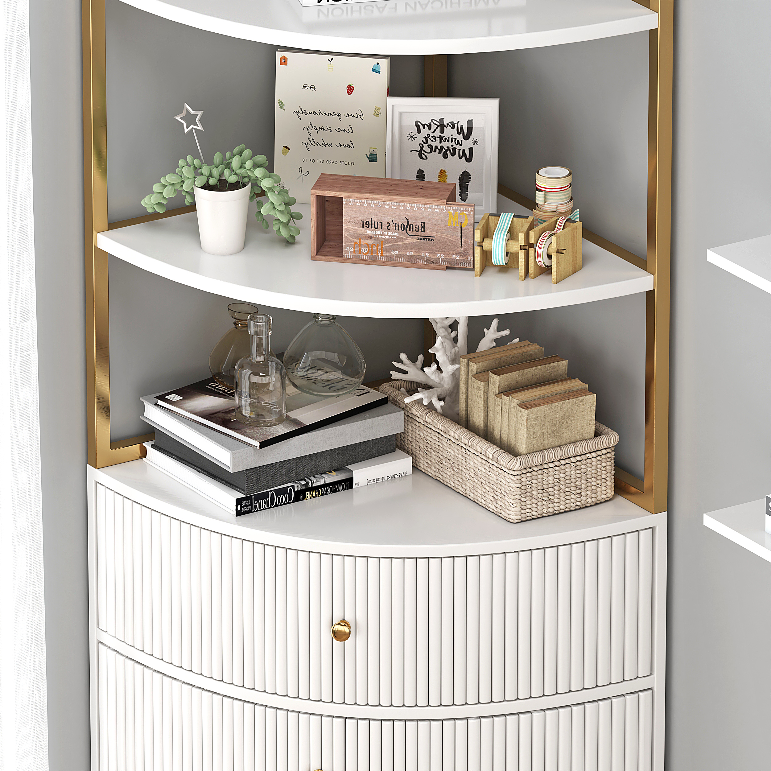74.8" Modern White Etagere Corner Bookshelf 1 Drawer & 2 Doors Wooden ...