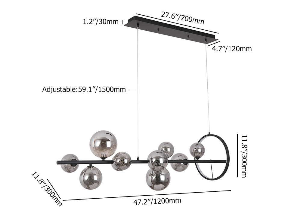 Modern 10-Light Black Kitchen Island Light with Glass Globe Shade ...