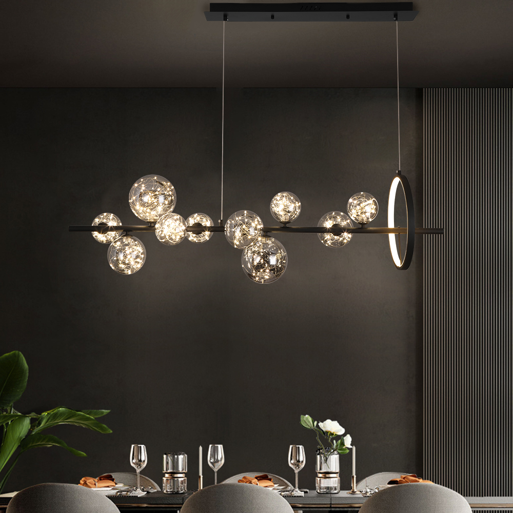 Modern 10-Light Black Kitchen Island Light with Glass Globe Shade ...