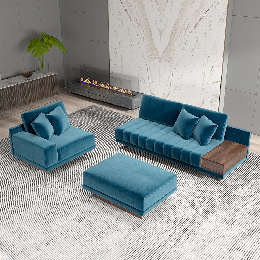 3200mm L-Shaped Blue Modular Sectional Sofa Chaise with Ottoman for ...