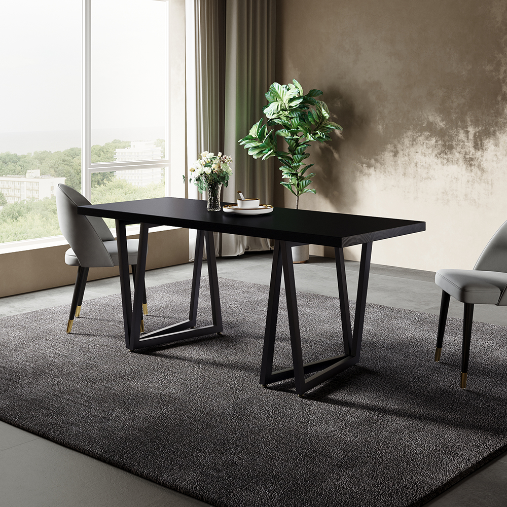 1600mm Rectangular Dining Table Black Solid Wood Table Top Square Metal ...