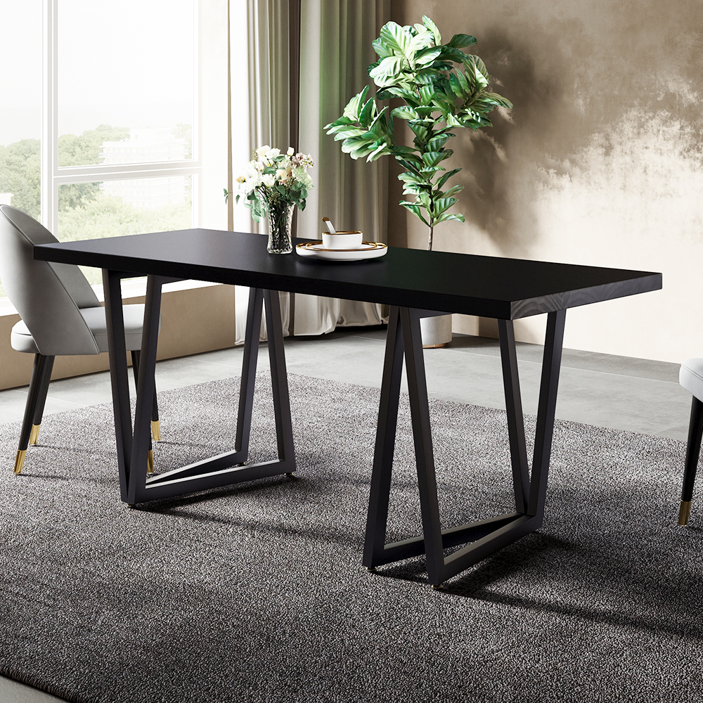 1600mm Rectangular Dining Table Black Solid Wood Table Top Square Metal ...