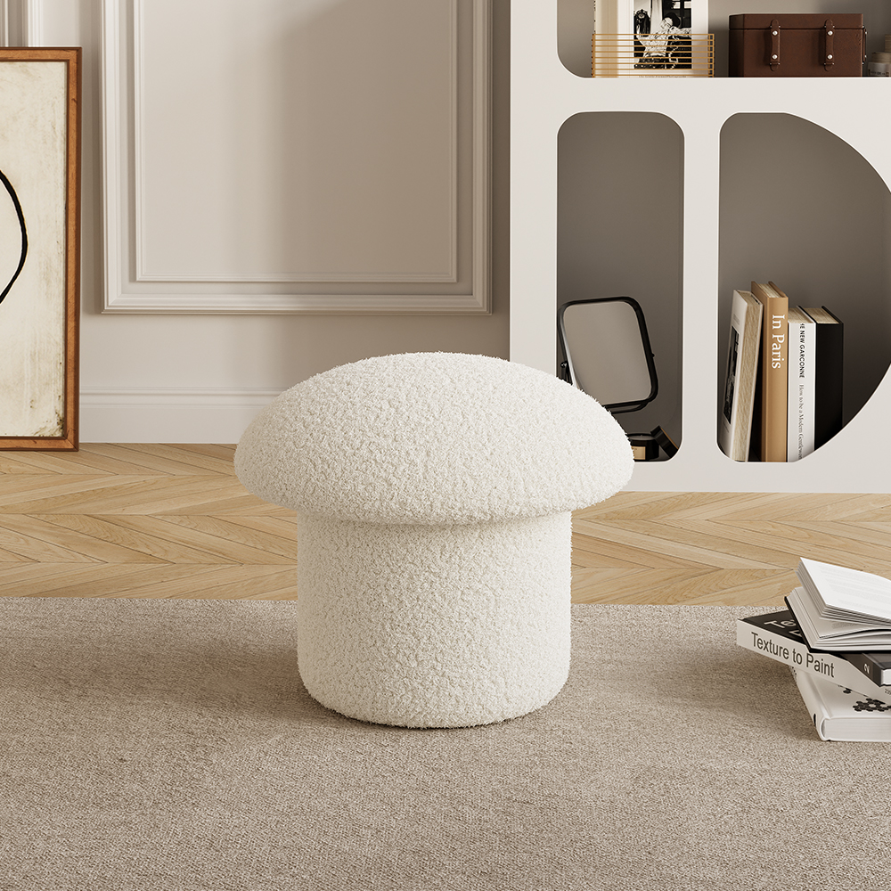 16.9''Dia Modern White Mushroom Ottoman Stool Boucle Upholstered ...